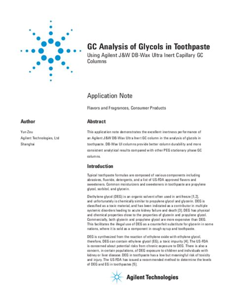 Pdf Gc Analysis Of Glycols In Toothpaste Using Agilent Jandw Db Wax Ultra Inert Capillary Gc