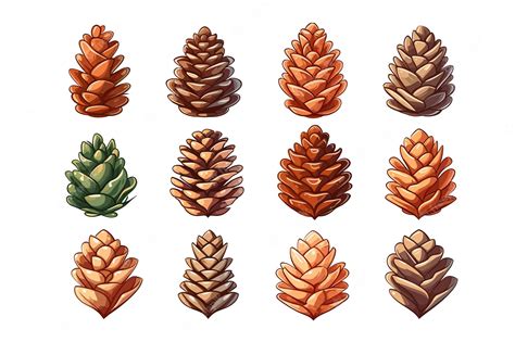 소나무 콘 벡터 설정 컬렉션 그래픽 클립 아트 디자인 평면 벡터 일러스트 레이 션 흰색 배경에 고립 프리미엄 벡터