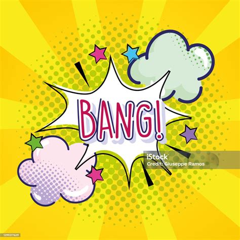 Pop Art Bang Ledakan Teks Awan Bintang Setengah Kuning Ilustrasi Stok