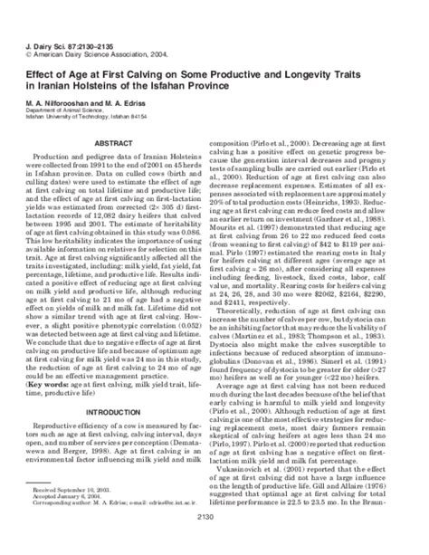 Pdf Effect Of Age At First Calving On Some Productive And Longevity