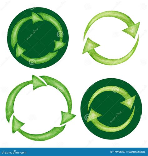Green Recycled Cycle Arrows Icon Set Watercolor Hand Drawn