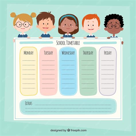 만화 캐릭터와 함께 학교 시간표 템플릿 무료 벡터