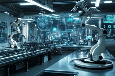 A Futuristic 3d Background Of A Hyper Advanced Robotics Factory Where Robotic Arms Assemble