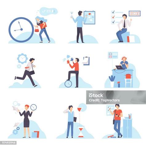 작업 시간 설정 조직 및 작업 시간의 제어 효율적인 시간 관리 비즈니스 개념 평면 벡터 일러스트를 계획하는 사업가 0명에 대한