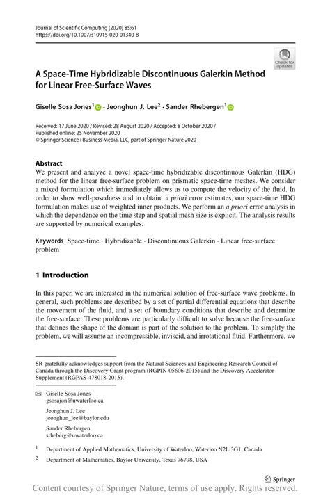 A Space Time Hybridizable Discontinuous Galerkin Method For Linear Free Surface Waves Request Pdf