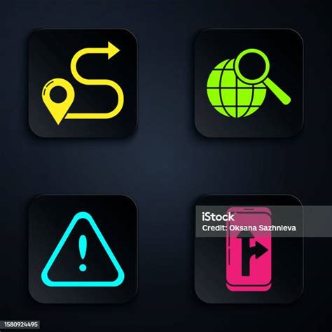 Set Infographic Of City Map Navigation Route Location Exclamation Mark In Triangle And