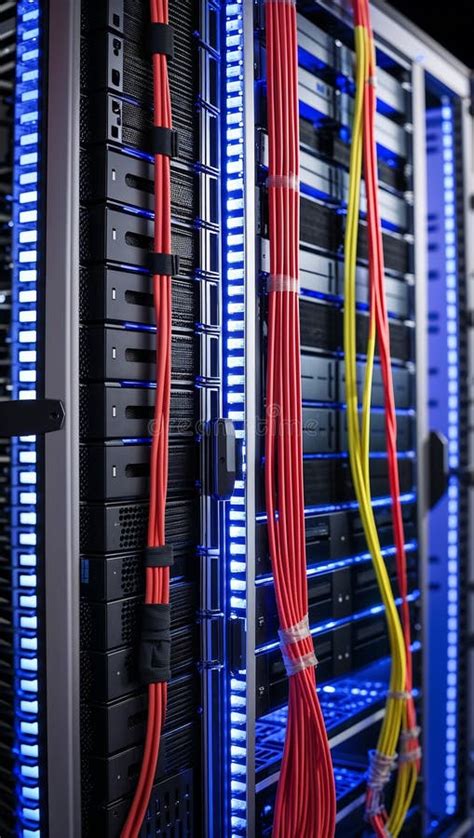 High Tech Server Rack With Sleek Metallic Frame And Vertical Servers