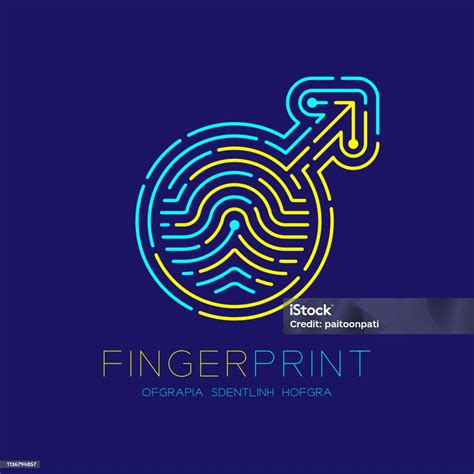 남자 기호 그림 패턴 지문 스캔 로고 아이콘 대시 라인 남성 성별 개념 편집 가능한 스트로크 그림 파란색과 노란색 고립 된 지문 텍스트와 공간 파란색 배경 벡터 0명에 대한