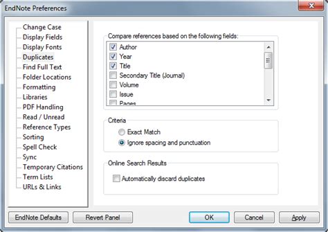 Duplicates Preferences EndNote