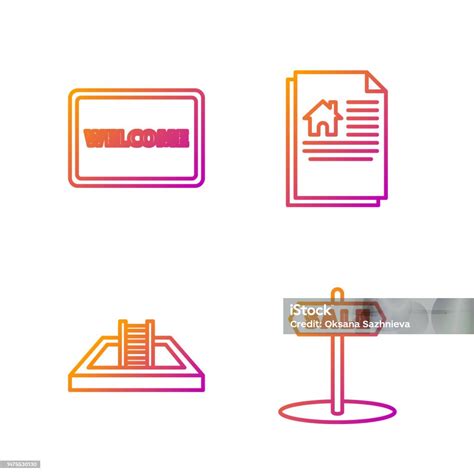 세트 라인 텍스트가 있는 교수형 표지판 판매 사다리가 있는 수영장 환영 및 주택 계약이라는 텍스트가 있는 도어매트 그라데이션 색상 아이콘 벡터 계약서에 대한 스톡 벡터 아트