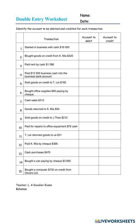 Double Entry Worksheet Identify Debits And Credits
