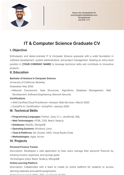 free it and computer science graduate cv template to edit online