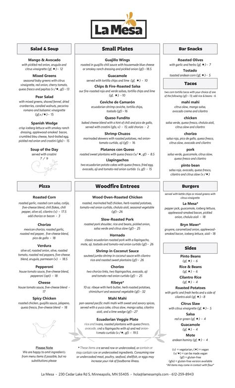 La Mesa Menu