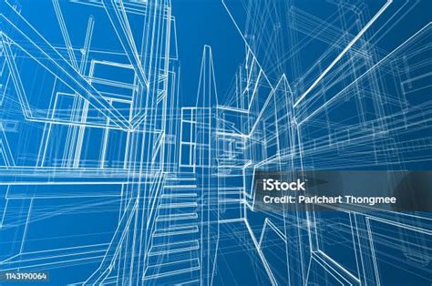 건축 인테리어 Spae 디자인 컨셉 3d 관점 흰색 와이어 프레임 렌더링 그라데이션 파란색 배경 모던 양식에 대한 스톡 사진 및 기타 이미지 Istock