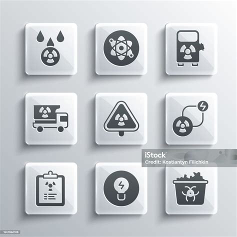 아이디어 삼각형 방사선 방사선 경고 문서 트럭 재료 산성비 및 방사능 구름 및 전기 자동차 충전소 아이콘의 개념으로 전구를 설정합니다 벡터 경계 표지에 대한 스톡 벡터 아트