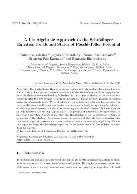 Pdf A Lie Algebraic Approach To The Schrödinger Equation For Bound States Of Pöschl Teller