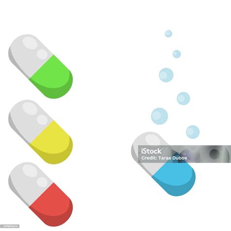 정제 세트 빨간색 파란색 녹색 노란색 캡슐 약물의 용해 기포와 알약 의료 치료 건강 병원 및 질병의 요소 플랫 일러스트레이션 0명에 대한 스톡 벡터 아트 및 기타 이미지