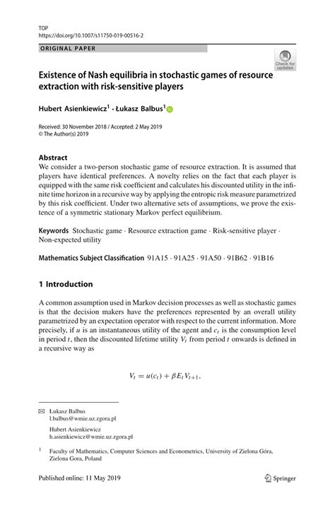 Pdf Existence Of Nash Equilibria In Stochastic Games Of Resource Extraction With Risk