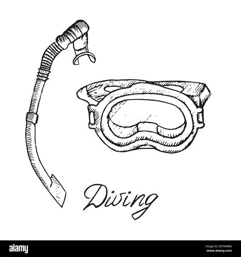 Diving Mask And Snorkel Hand Drawn Doodle Sketch With Inscription