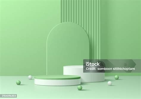 구체 공 아치 배경 벽 장면이 있는 사실적인 3d 녹색 원통형 연단 배경 최소한의 모형 또는 추상적인 제품 전시 프레젠테이션