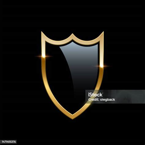 골드 프레임이있는 유리 방패 금속 전령 엠블럼 벡터 일러스트레이션 빛나는 반짝임이있는 복고풍 럭셔리 요소 헤럴드라이 휘장 검은 배경에 골동품 황금 장식 3차원 형태에 대한