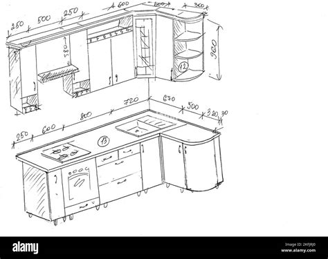 Drawing Sketch Of Kitchen Furniture With Dimensions Stock Photo Alamy