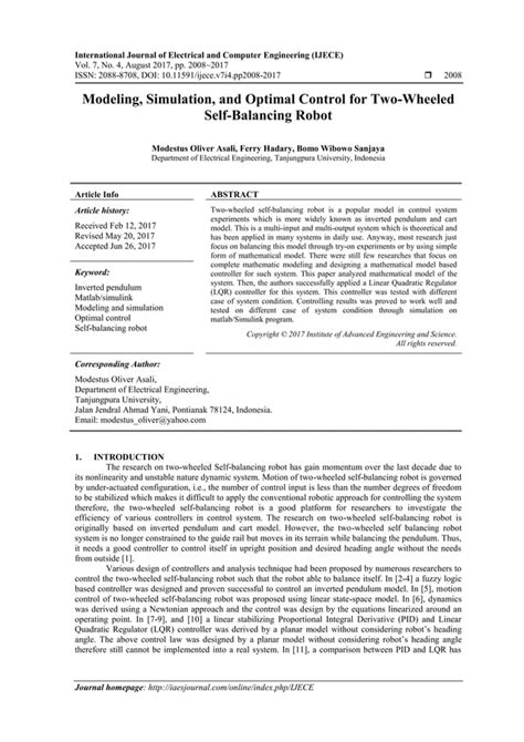 modeling simulation and optimal control for two wheeled self balancing robot pdf