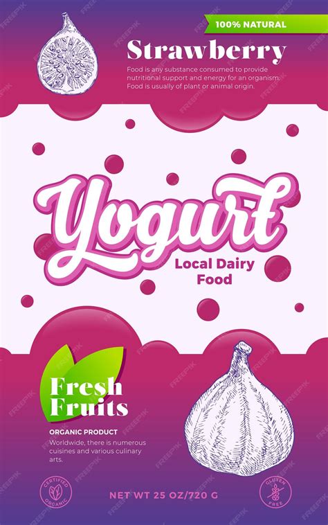 과일과 열매 요구르트 라벨 템플릿입니다 추상적 인 벡터 유제품 포장 디자인 레이아웃입니다 거품과 손으로 그린 무화과 스케치 실루엣 배경 현대 타이포그래피 배너 외딴