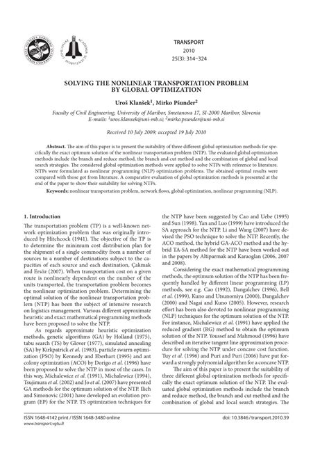 Pdf Solving The Nonlinear Transportation Problem By Global Optimization