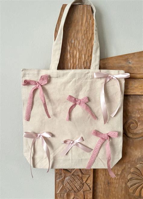 Pastel Pink Bow Bag Pink Ribbon Tote Bag Canvas Tote Etsy