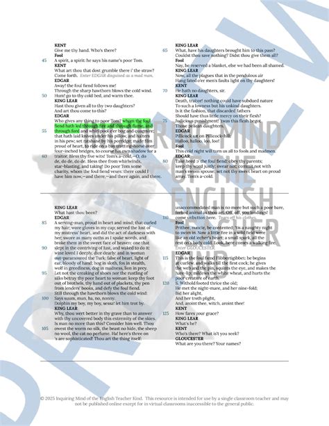 king lear act 3 scene 4 close reading inference worksheet teaching