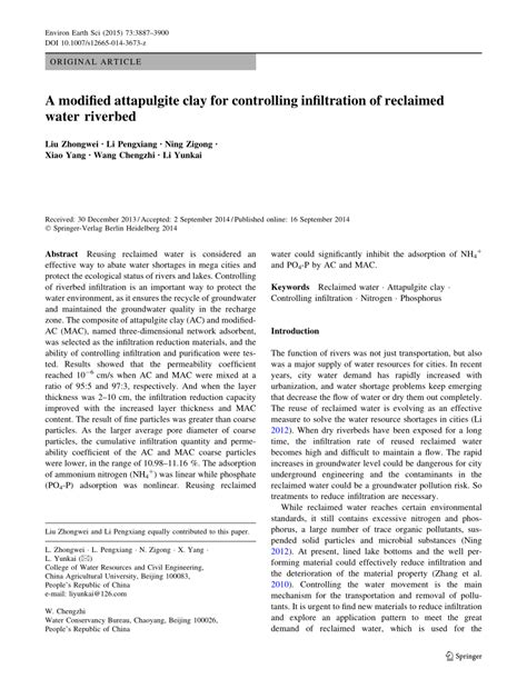Pdf A Modified Attapulgite Clay For Controlling Infiltration Of Reclaimed Water Riverbed