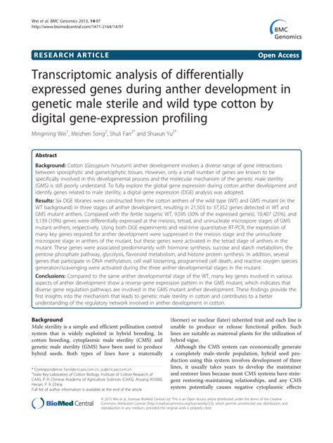 Pdf Transcriptomic Analysis Of Differentially Expressed Genes During Anther Development In