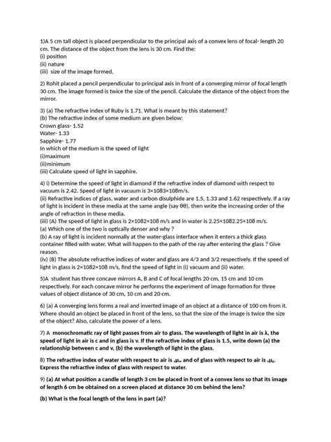 Class 10 Numericals Light Only Question Pdf Refractive Index