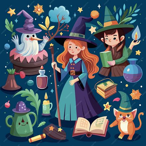 Ilustraciones De Brujas Y Magos Con Sus Accesorios Mágicos Como Escobas