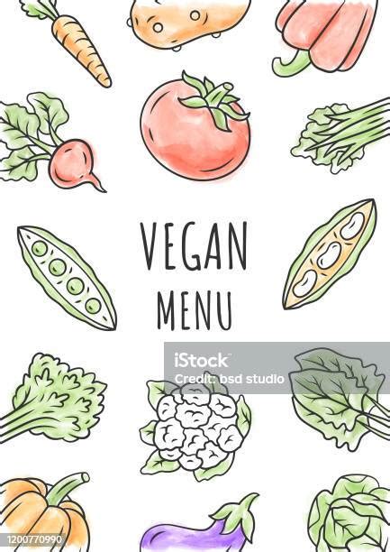 비건 메뉴 커버 템플릿 건강한 음식 아이콘과 고립 된 문자 타이포그래피 아이디어 채식 요리 벡터 개념 그림입니다 레스토랑 카페 포스터 전단지 브로셔 페이지 레이아웃 가리기에
