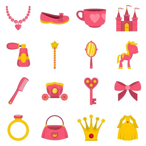 Premium Vector Doll Princess Items Icons Set In Flat Style