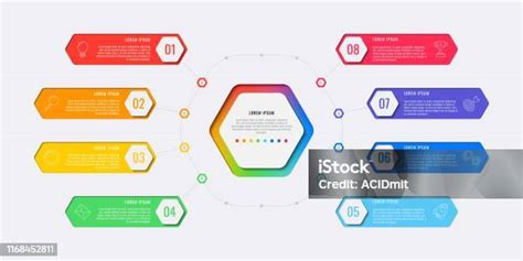 육각 형 요소와 간단한 여덟 단계 디자인 레이아웃 인포 그래픽 템플릿 배너 포스터 브로셔 연례 보고서 및 마케팅 아이콘이있는