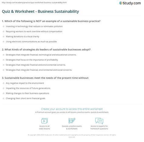 Quiz And Worksheet Business Sustainability