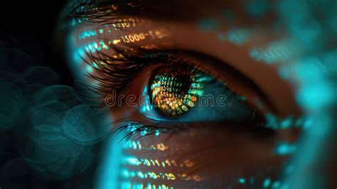 Macro Shot Of A Human Eye With Digital Binary Code Symbolizing Futuristic Technology And