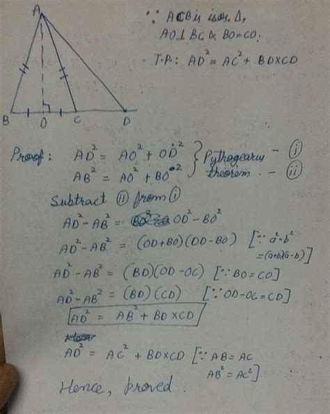 In An Isosceles Triangle ABC AB AC And D Is A Point On BC Produced Prove That AD 2 AC 2 BDCD