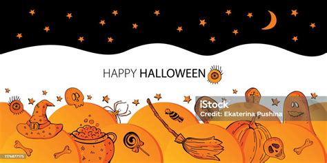 할로윈 배너 배경입니다 할로윈 벡터 요소 세트와 벡터 만화 오렌지와 검은 색 유령 호박 두개골 모자 과자 거미 빗자루와 마녀 모자 할로윈 세일 10월에 대한 스톡 벡터 아트