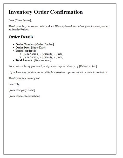 Letter Template For Inventory Order Confirmation Free Samples In Pdf Letterin