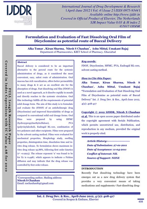 Pdf Formulation And Evaluation Of Fast Dissolving Oral Film Of Dicyclomine As Potential Route