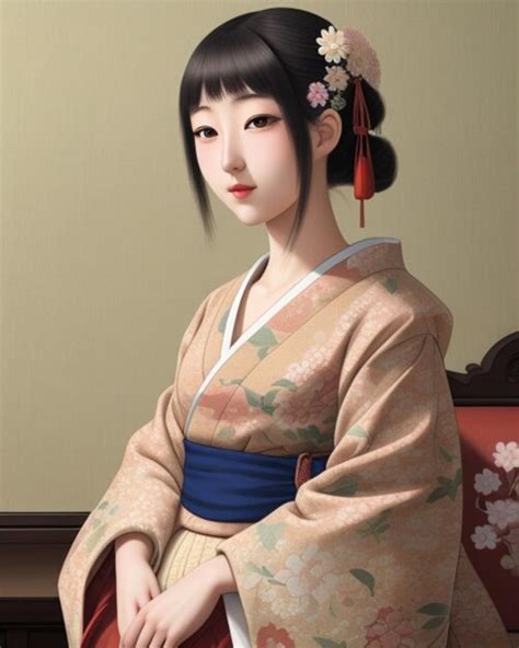 Premium Photo A Woman In A Kimono Sits On A Chair With A Pink Flower