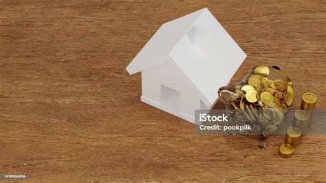 모델 하우스와 동전 스택 근처의 내부에 동전이있는 유리 돼지 저금통은 집을 구입하고 3d 렌더링을 위해 돈을 절약합니다 거래자에 대한 스톡 사진 및 기타 이미지 Istock