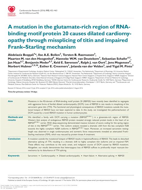 Pdf A Mutation In The Glutamate Rich Region Of Rna Binding Motif Protein 20 Causes Dilated