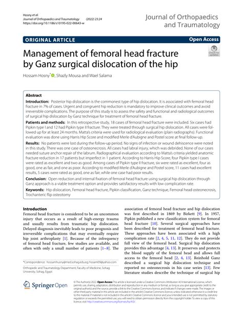 Pdf Management Of Femoral Head Fracture By Ganz Surgical Dislocation Of The Hip