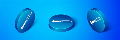 파란색 배경에 격리된 등색 나이프 아이콘입니다 칼 붙이 기호 파란색 원 버튼입니다 벡터 3차원 형태에 대한 스톡 벡터 아트 및