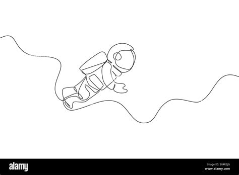 One Single Line Drawing Of Young Astronaut In Spacesuit Flying At Outer Space Vector